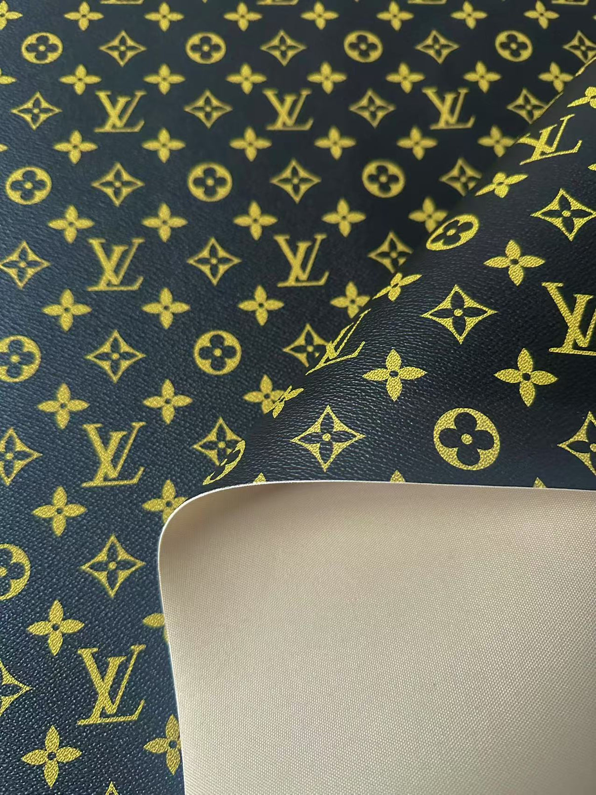 Fashion Black With Yellow LV Vinyl Leather Fabric For Handmade Sneaker ...