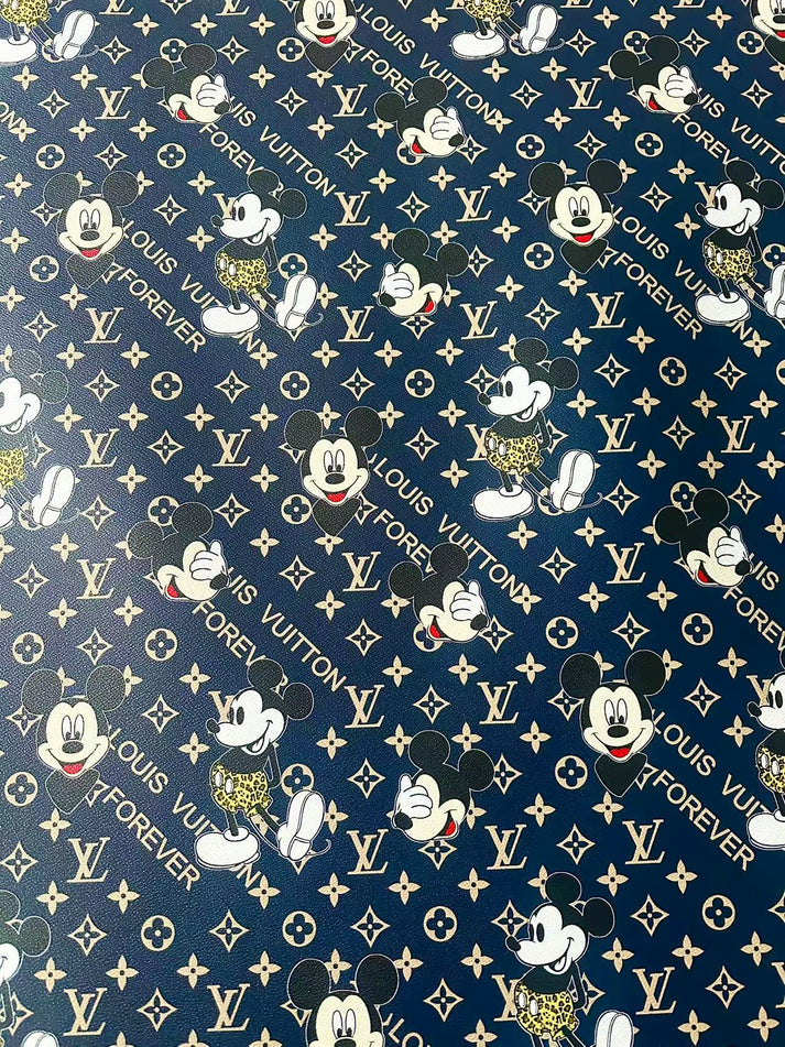 Craft Best Quality Navy Blue LV With Mickey Mouse Vinyl Leather Fabric ...